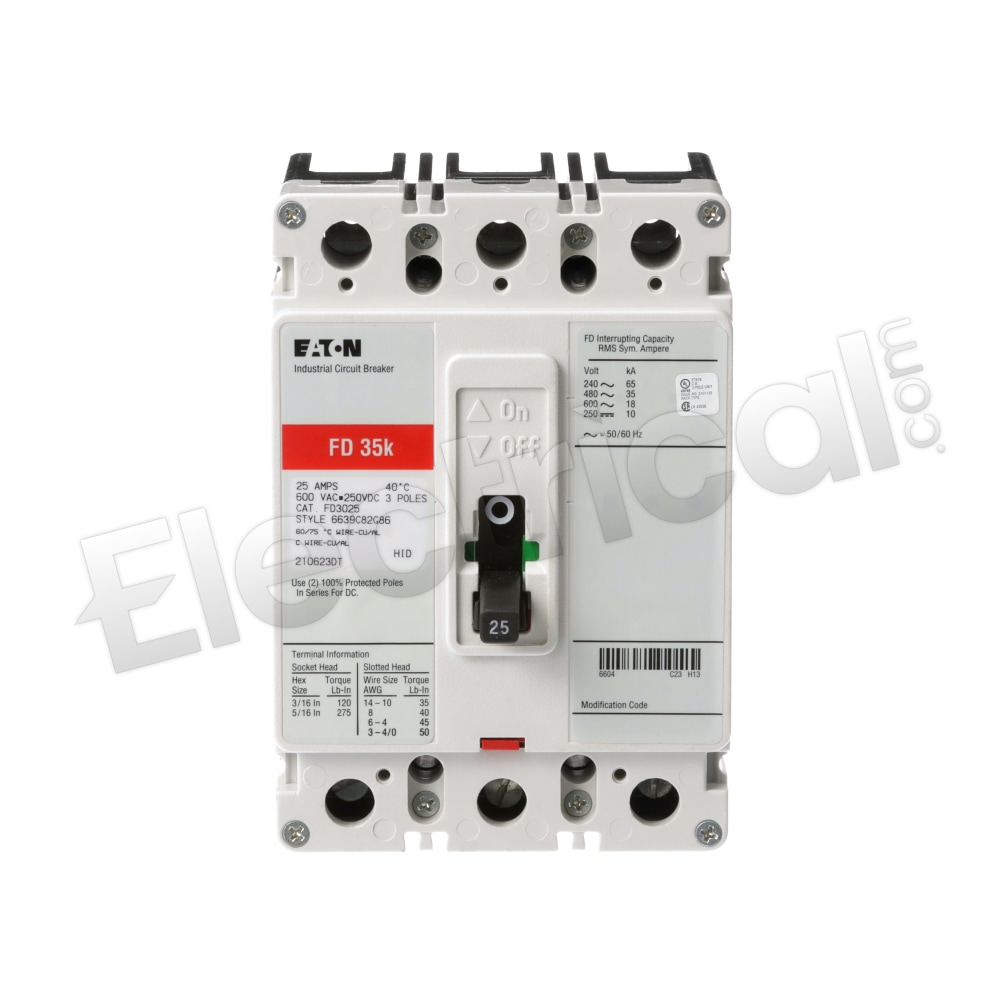 FD3025LBP10 Eaton 25A 3P Series C Molded Case Circuit Breaker