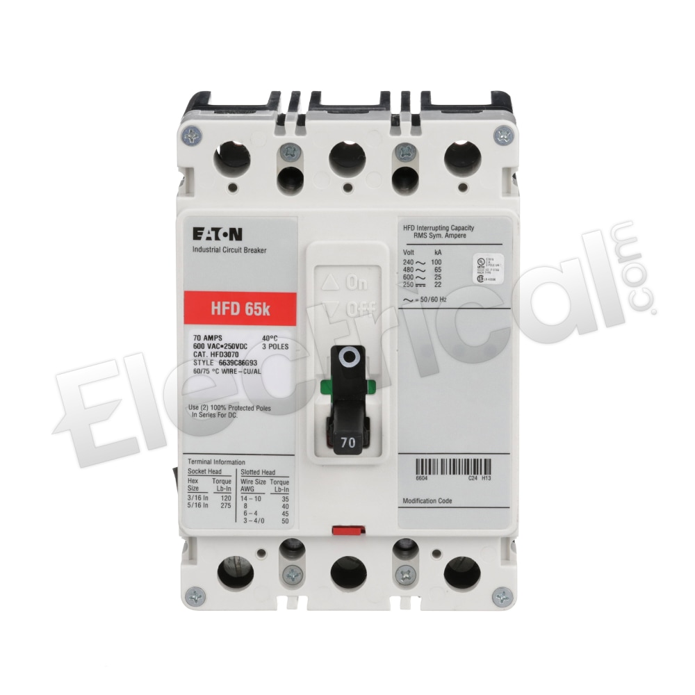 HFD3070 Eaton 70A 3P Series C Molded Case Circuit Breaker